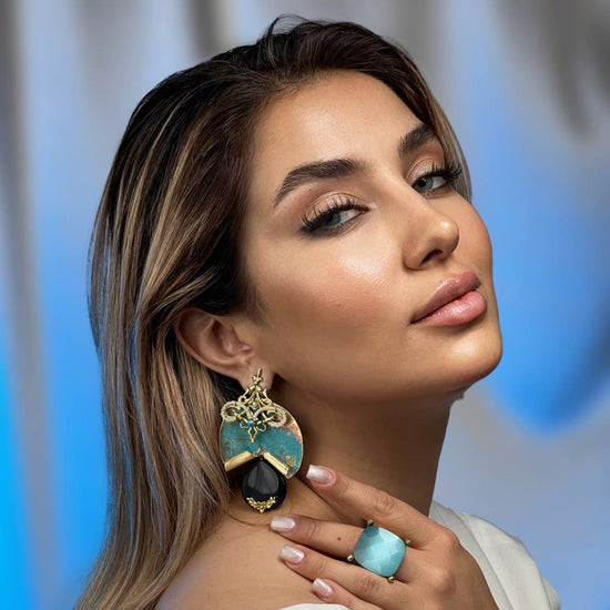 ATHENA, Midnight Elegance Turquoise Earrings with Bold Black Stone – Baharnaz Gallery